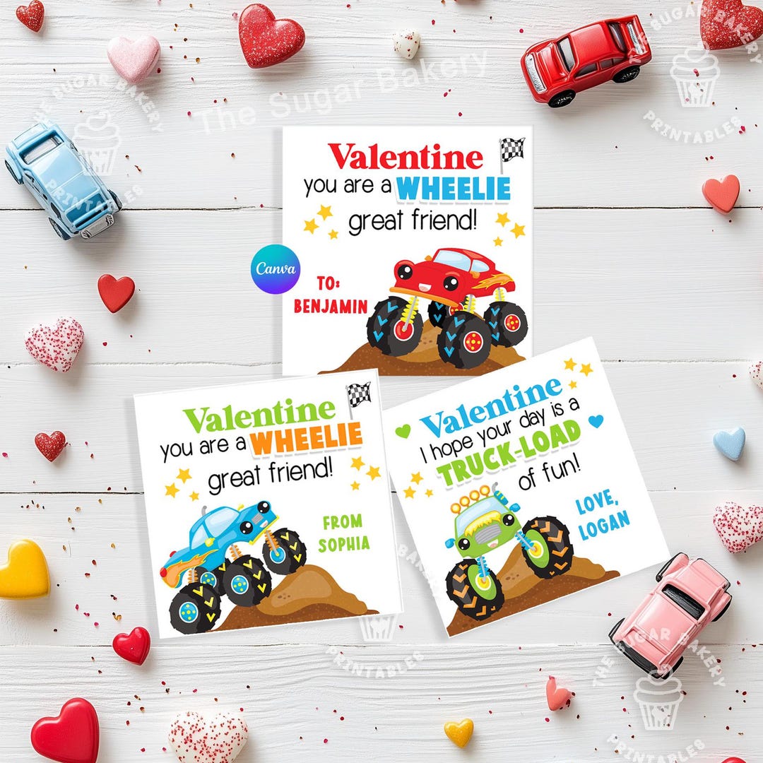Printable MONSTER TRUCK Valentines, Editable Kids Monster Truck ...