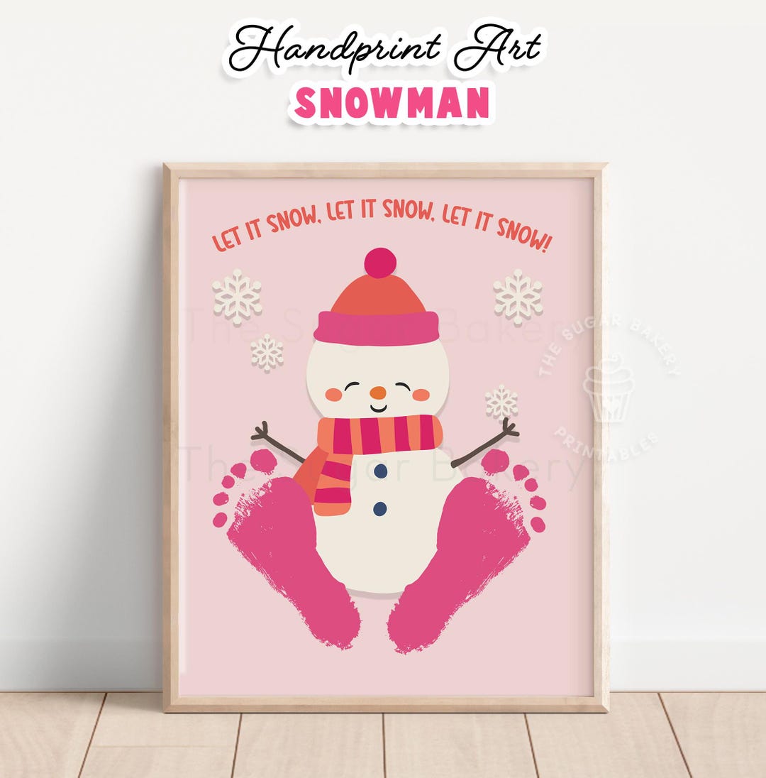 SNOWMAN Winter Footprint Craft, PRINTABLE Christmas Preschool Pink ...
