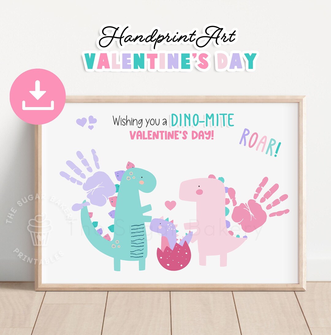 Valentine DINOSAUR Handprint Art, Printable Girl Valentine Crafts for ...