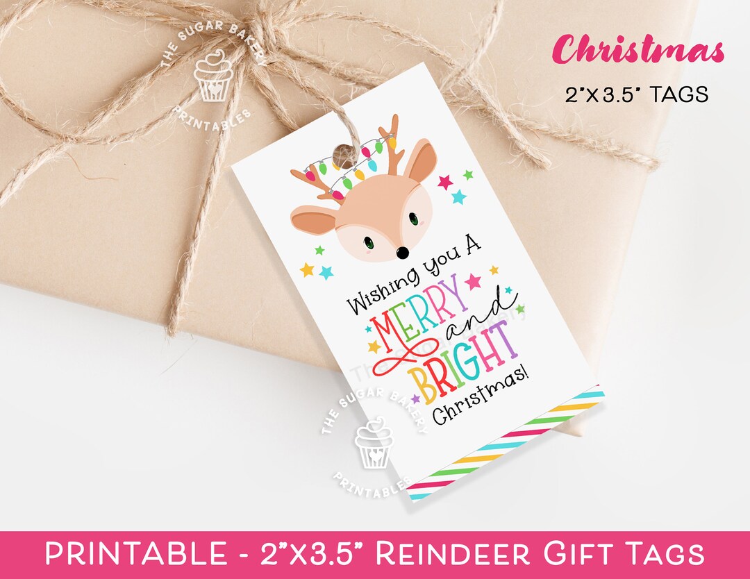 Printable Reindeer Gift Tag Merry and Bright Reindeer - Etsy