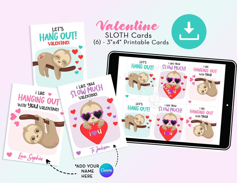 Editable SLOTH Valentine's Day Cards, Sloth Valentine Card, EDITABLE ...