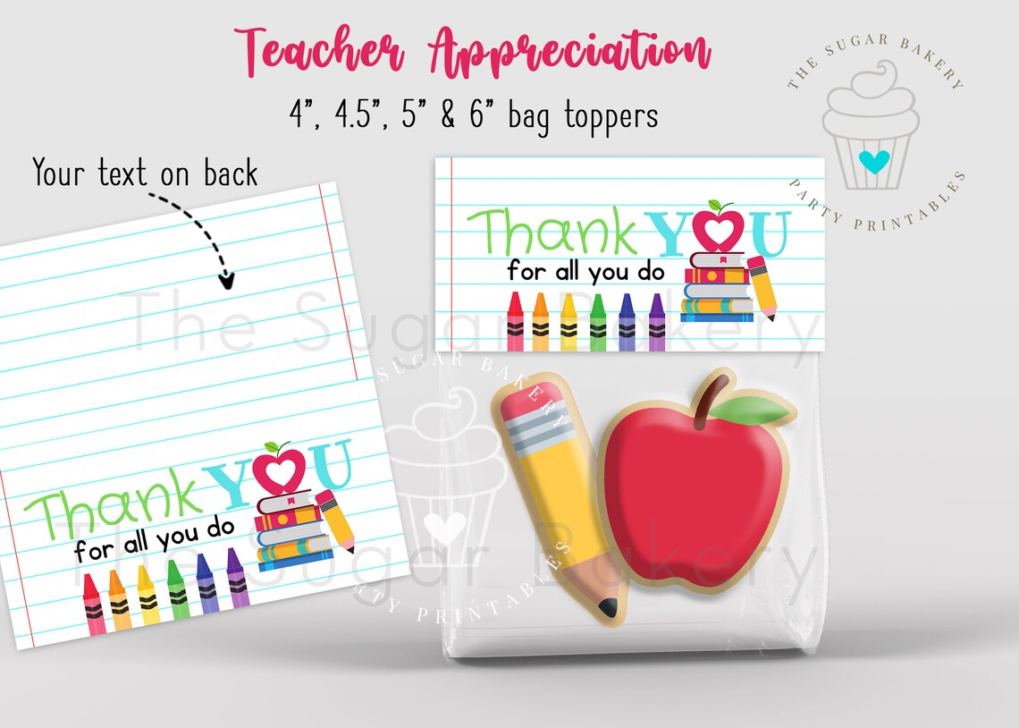 Teacher THANK YOU Treat Bag Topper 4 4.5 5 6 and 6.5 - Etsy
