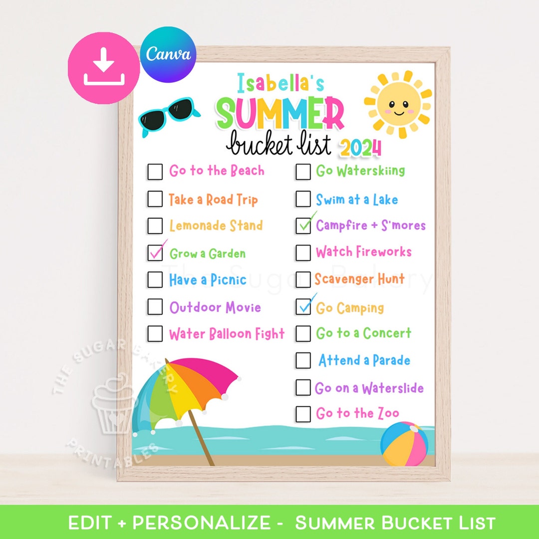 2024 EDITABLE Summer Bucket List Printable, Personalized Summer ...