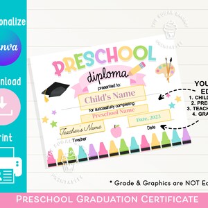 Editable Preschool Diploma, Preschool Graduation Diploma, PRESCHOOL ...