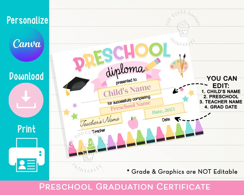 Editable Preschool Diploma, Preschool Graduation Diploma, PRESCHOOL ...