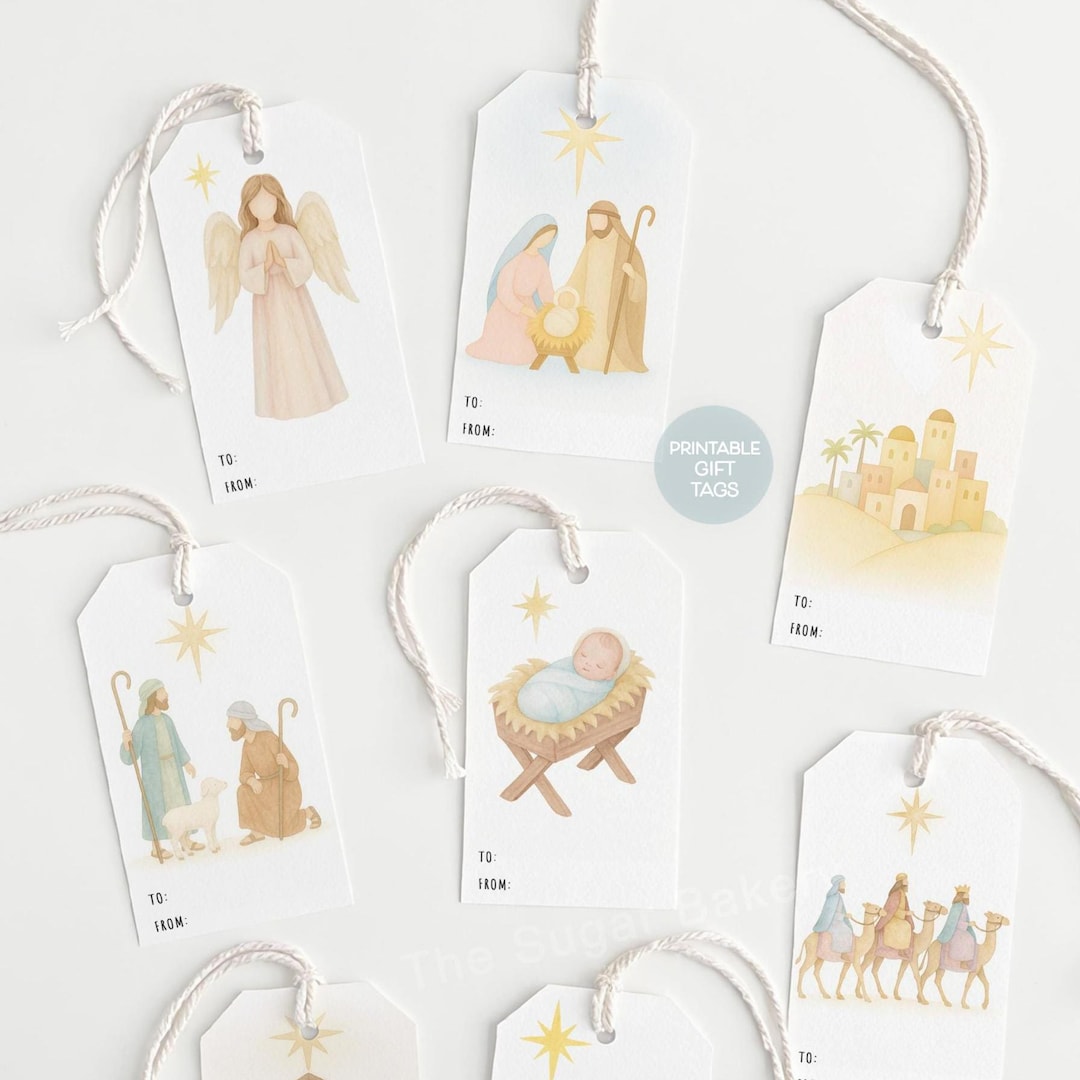 Nativity Christmas Gift Tag Bundle Printable, Pastel Watercolor Holy Family Angel Shepherd Wise ...