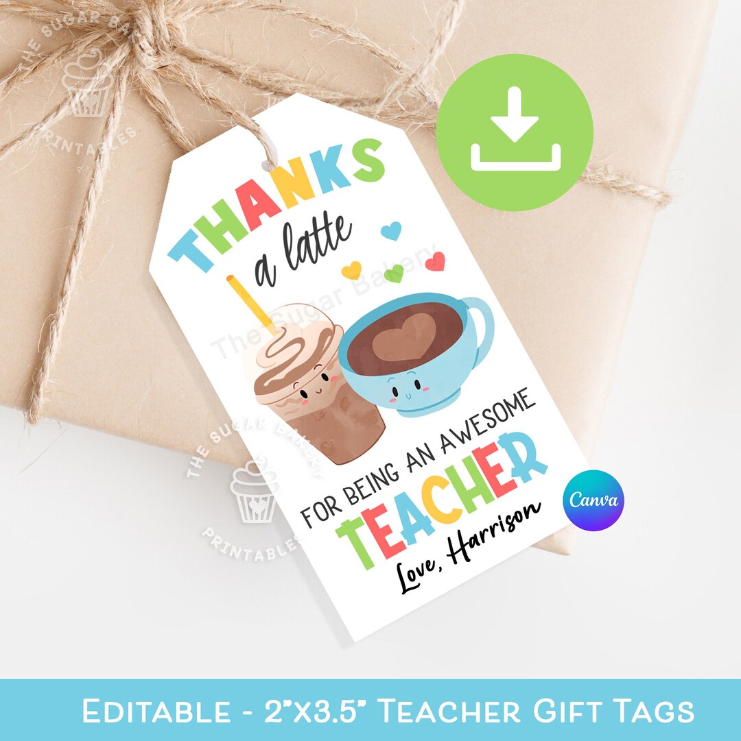 Teacher Appreciation TAG, Thanks a LATTE Gift Tag EDITABLE, End of Year ...