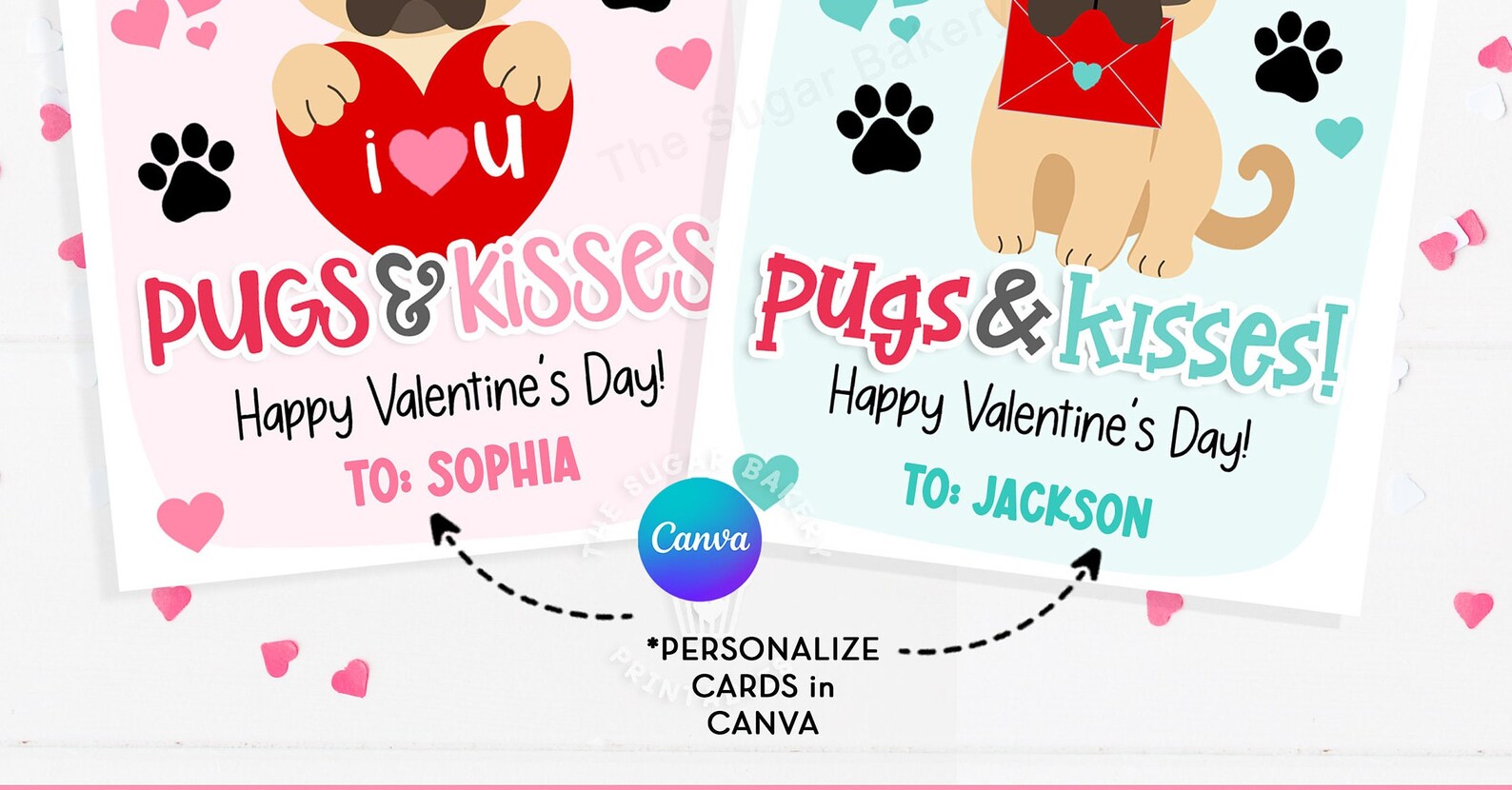 Printable DOG Valentines Pugs & KISSES Valentine Cards EDITABLE ...