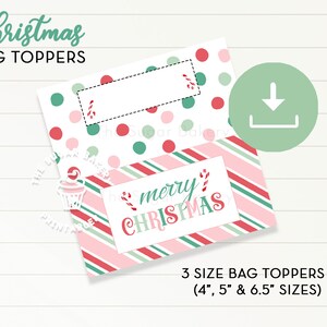 Candy Cane Cookie Bag Topper, Christmas Treat Bag Toppers, Printable ...