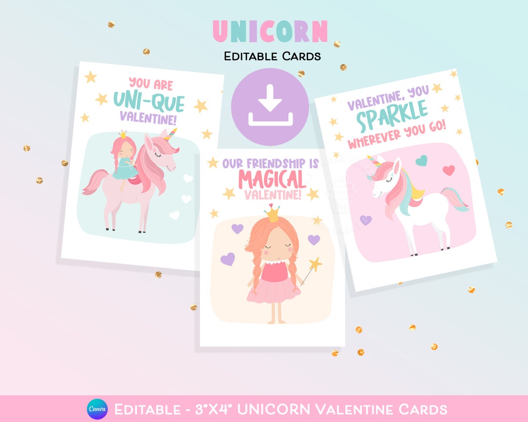Editable UNICORN Valentine Cards, PRINTABLE Princess Valentine Cards ...