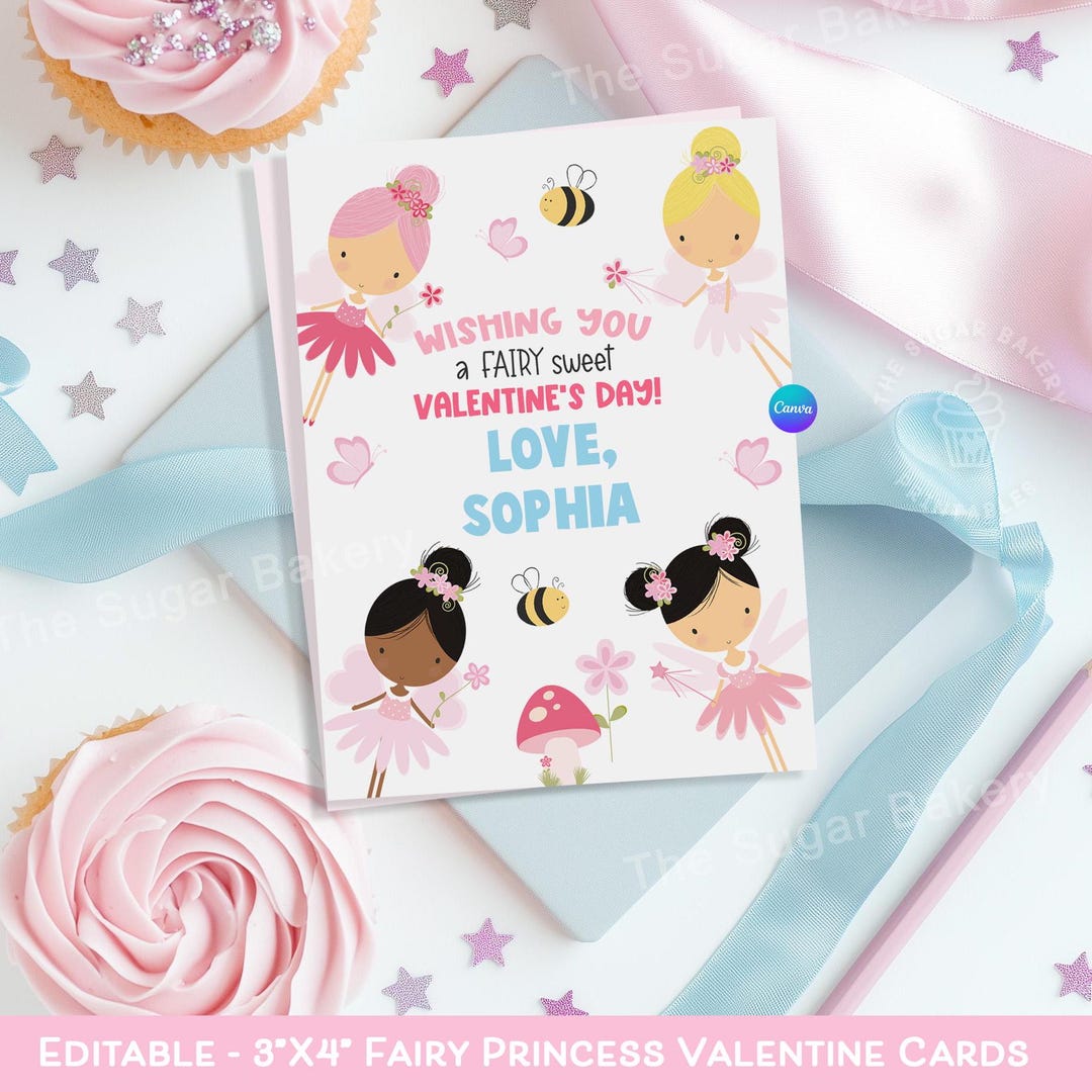 Editable FAIRY Valentines Day Cards for Kids, PRINTABLE Princess Fairy ...