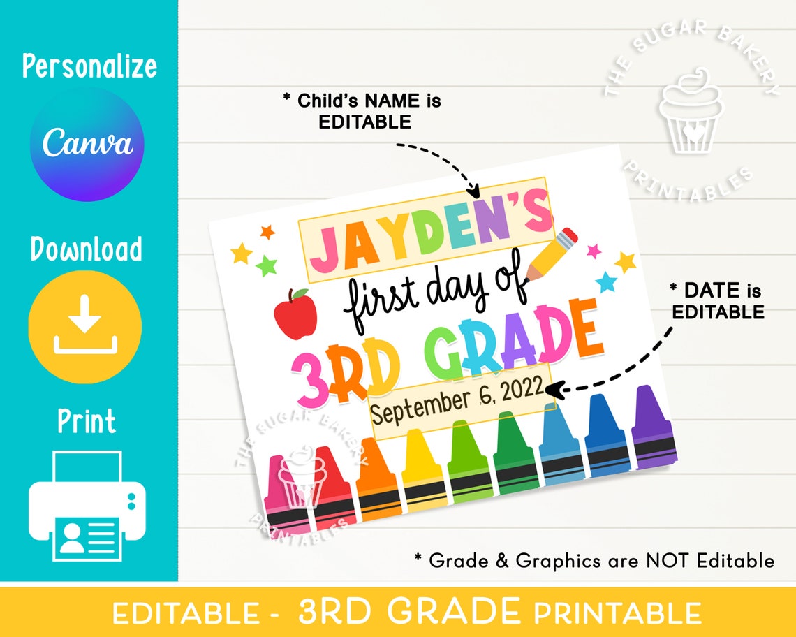 First Day of 3rd Grade School Sign Printable EDITABLE Back to - Etsy