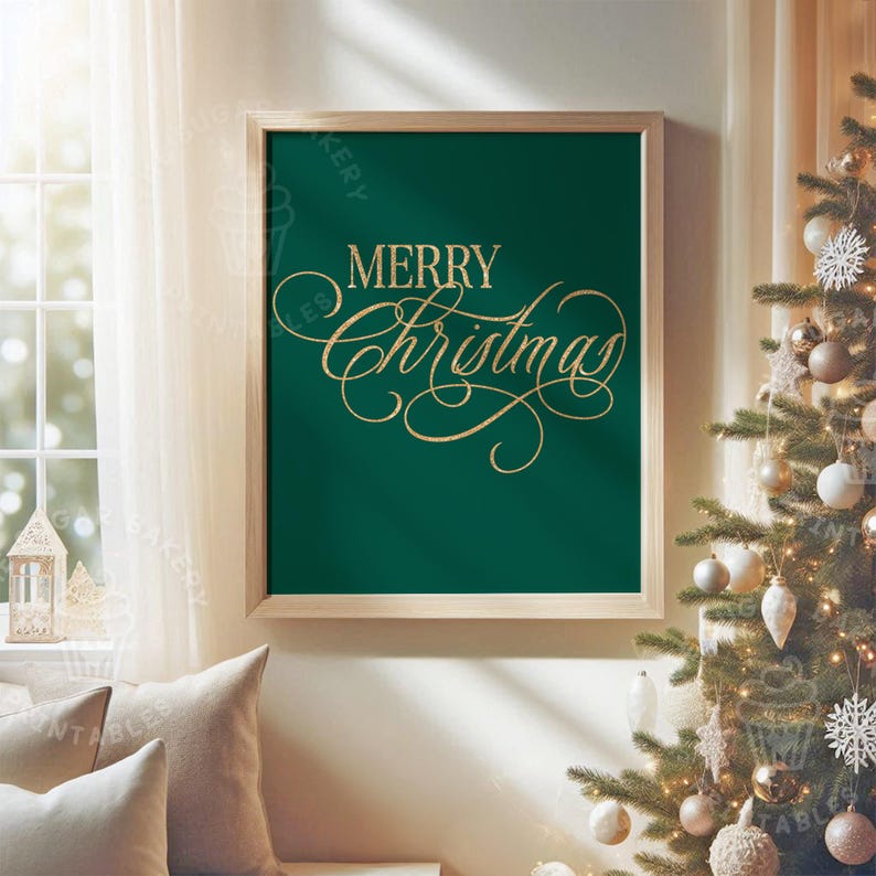 Dark Green Merry Christmas Printable Wall Art Gold Glitter Font Holiday ...