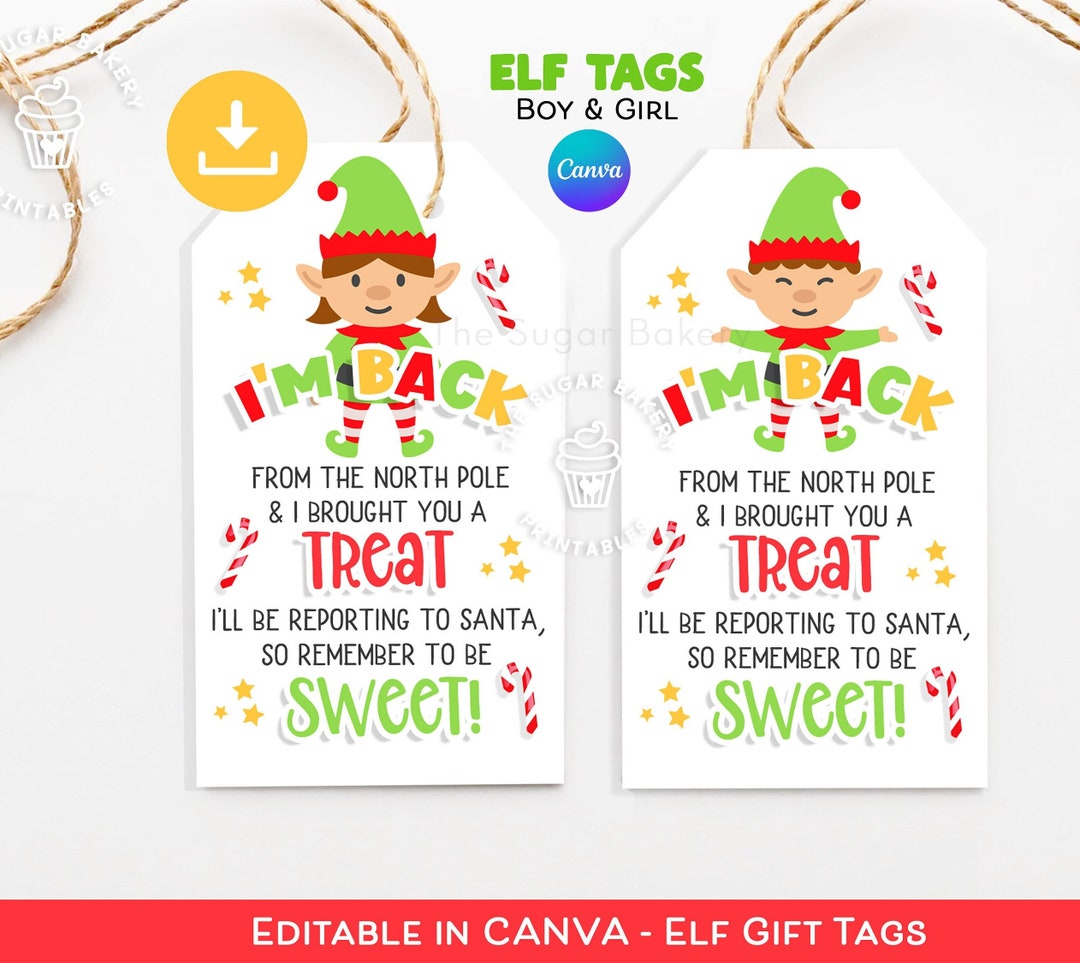 I'M BACK ELF Tags, Editable Christmas Elf Tags, Elf Arrival, Elf Return ...