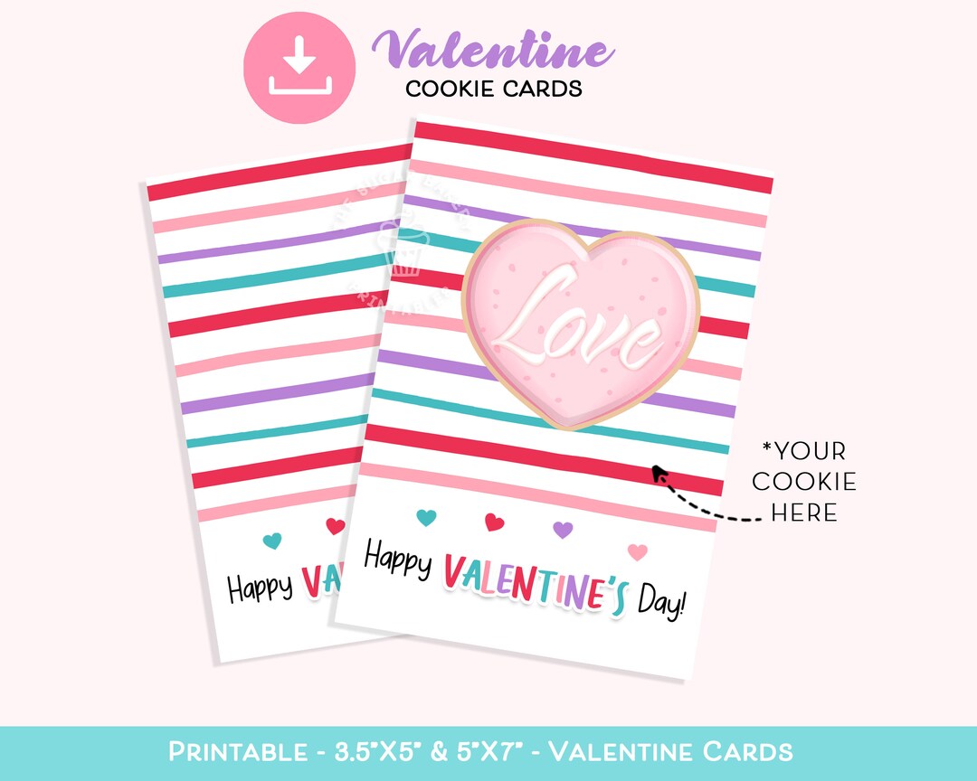 Printable Happy Valentine's Day Cookie Card, Red Pink Purple Blue ...