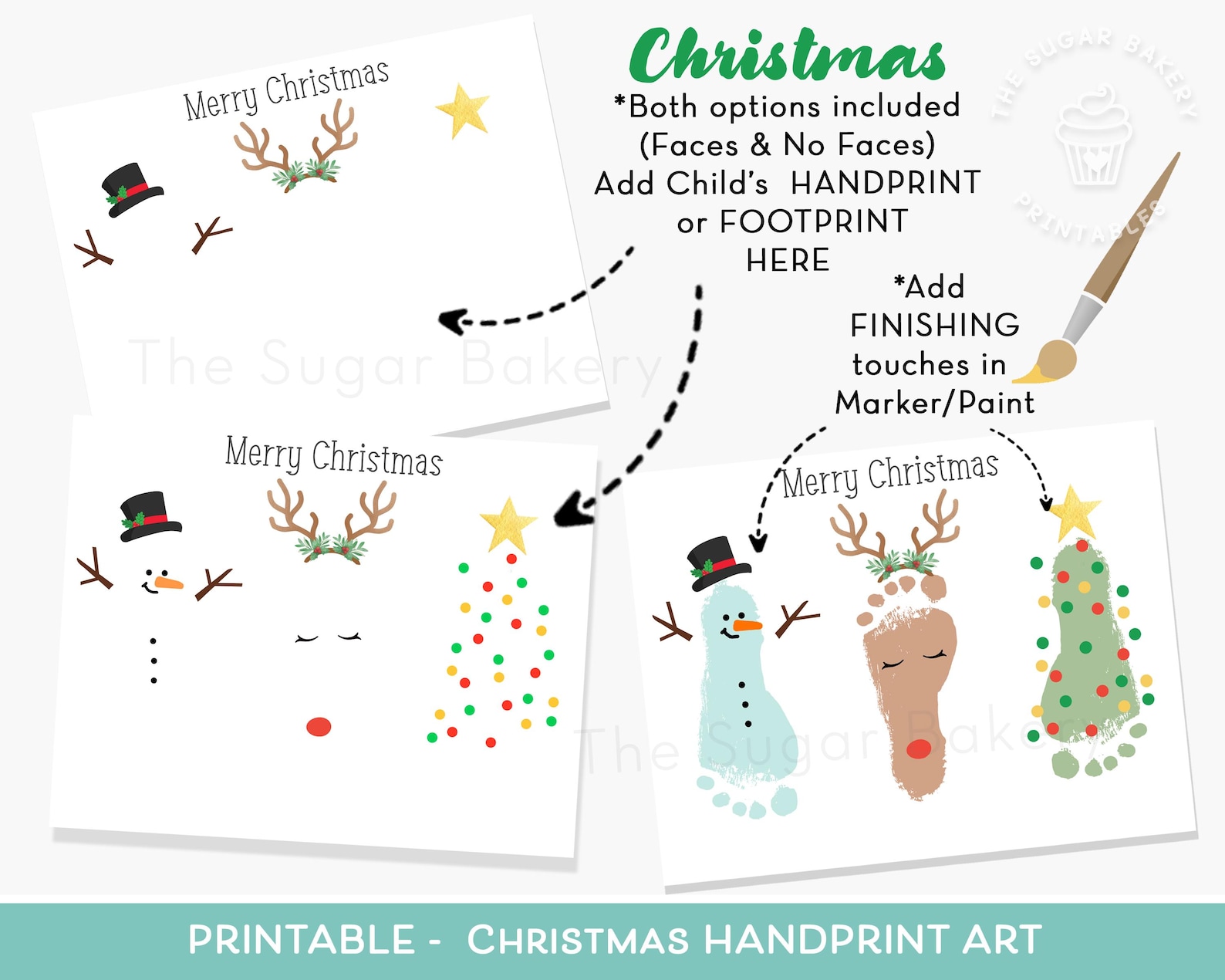 Printable Christmas Footprint Art, Reindeer Snowman Christmas Tree ...