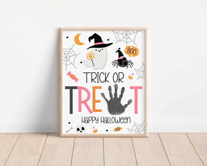 Halloween Handprint Art Craft Printable, Trick or Treat Pink Halloween ...