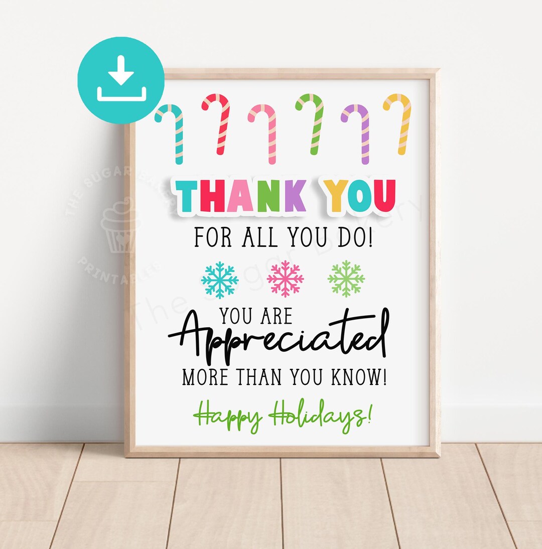 Thank You Appreciation Sign, Candy Cane Christmas Treat Sign, Christmas ...