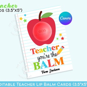 Teacher Appreciation Gift, Lip Balm Card, Teacher Gift, You're the BALM ...