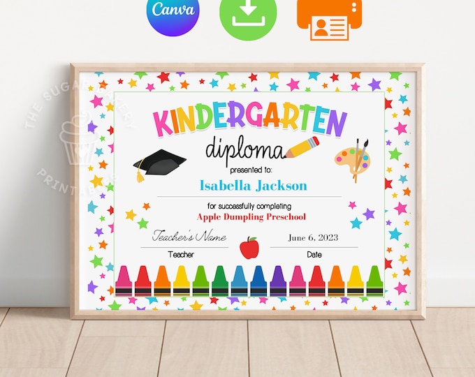 Kindergarten Graduation Certificate, Customizable Kindergarten Diploma ...