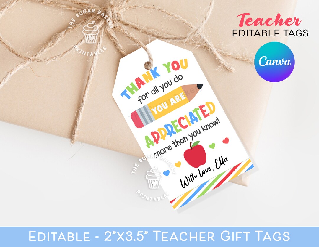 Teacher Appreciation TAGS, EDITABLE TEACHER Thank You Gift Tag, End of ...