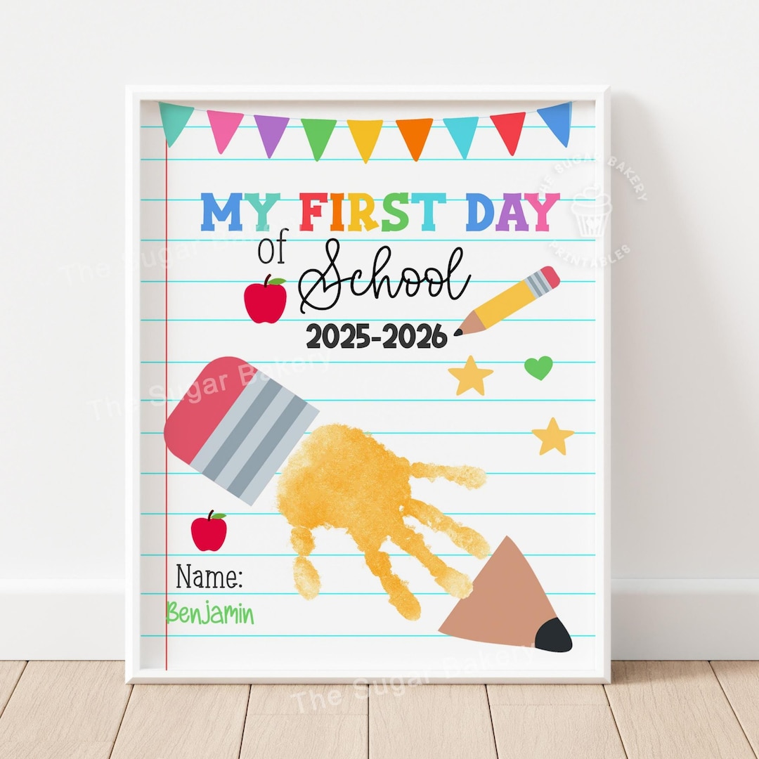 First Day of School Handprint Craft Pencil 2025 Printable Back to ...