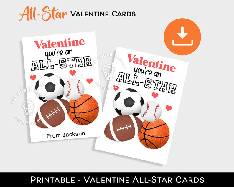 Printable ALL-STAR Sports Valentine Cards for Kids, Football Basketball ...