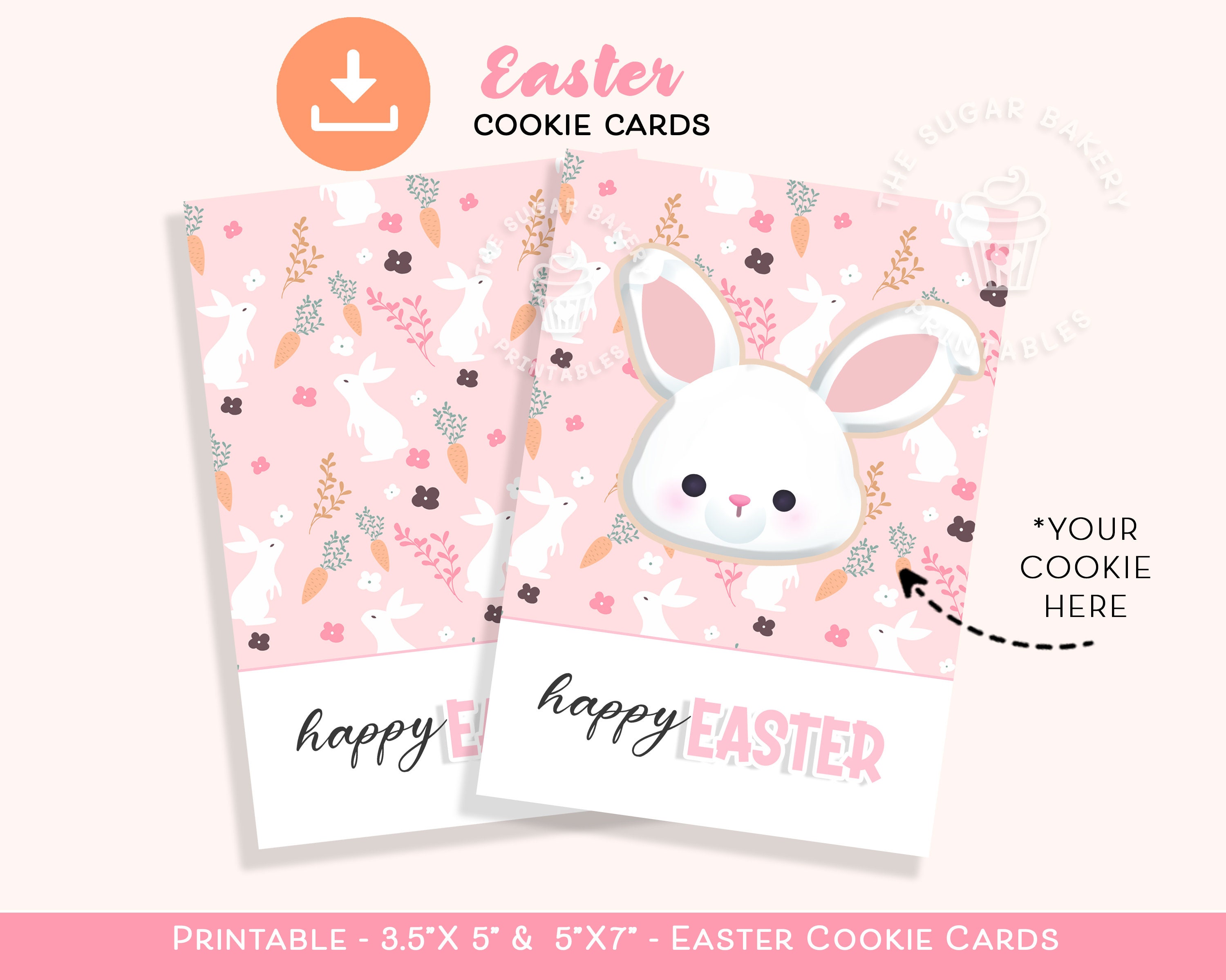 Happy EASTER COOKIE CARD, Mini & 5"x7" Easter Cookie Card, Bunny Carrot ...