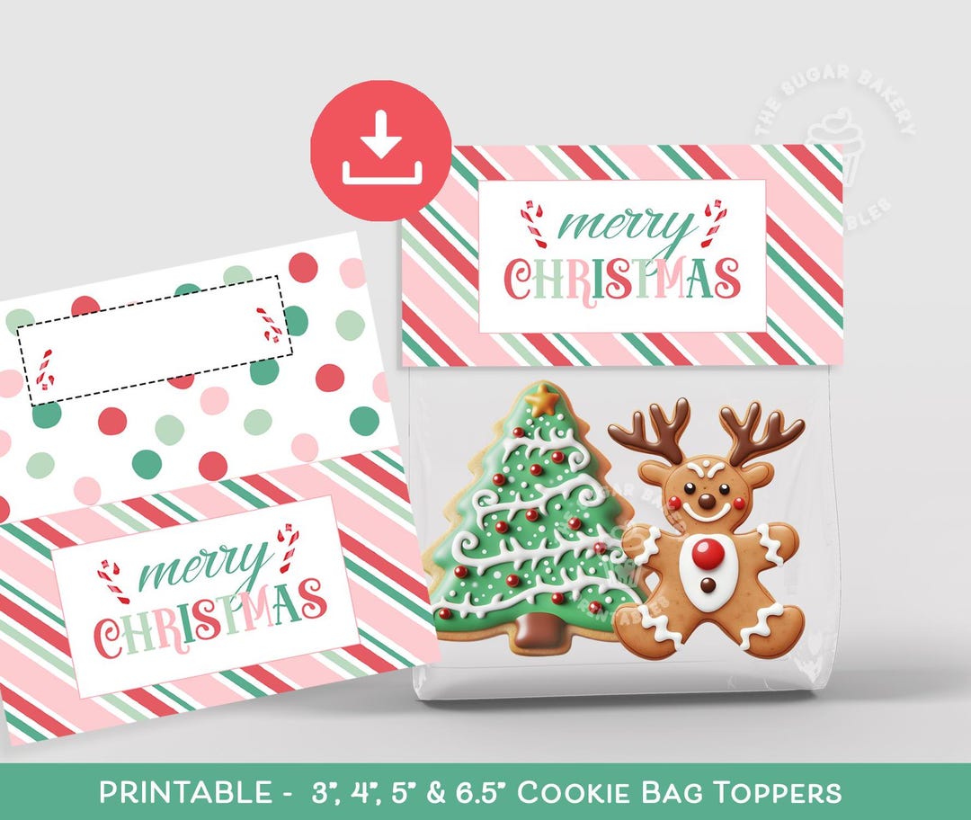 Candy Cane Cookie Bag Topper, Christmas Treat Bag Toppers, Printable ...
