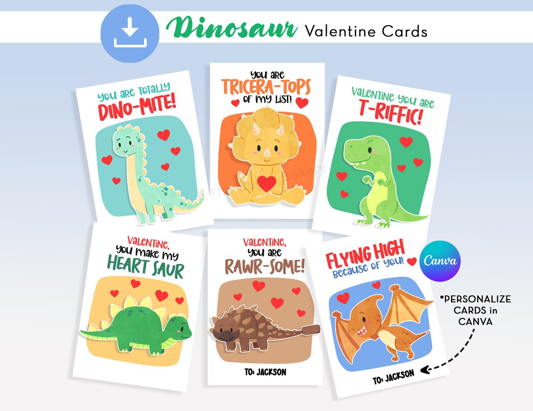 Printable DINOSAUR Valentine Cards, Dinosaur Valentine PRINTABLE ...