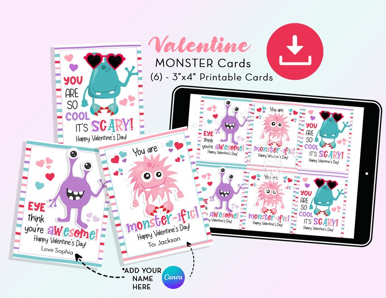 Editable MONSTER Valentines, Monster Cards for Kids, Monster Valentine ...
