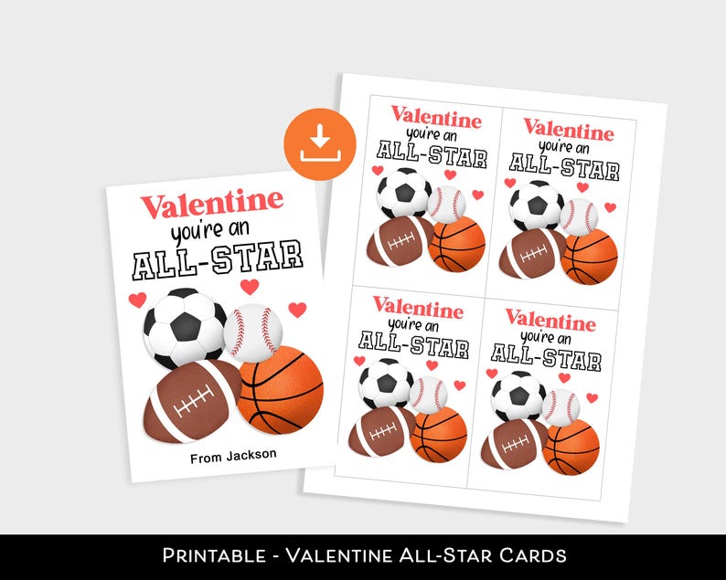 Printable ALL-STAR Sports Valentine Cards for Kids, Football Basketball ...