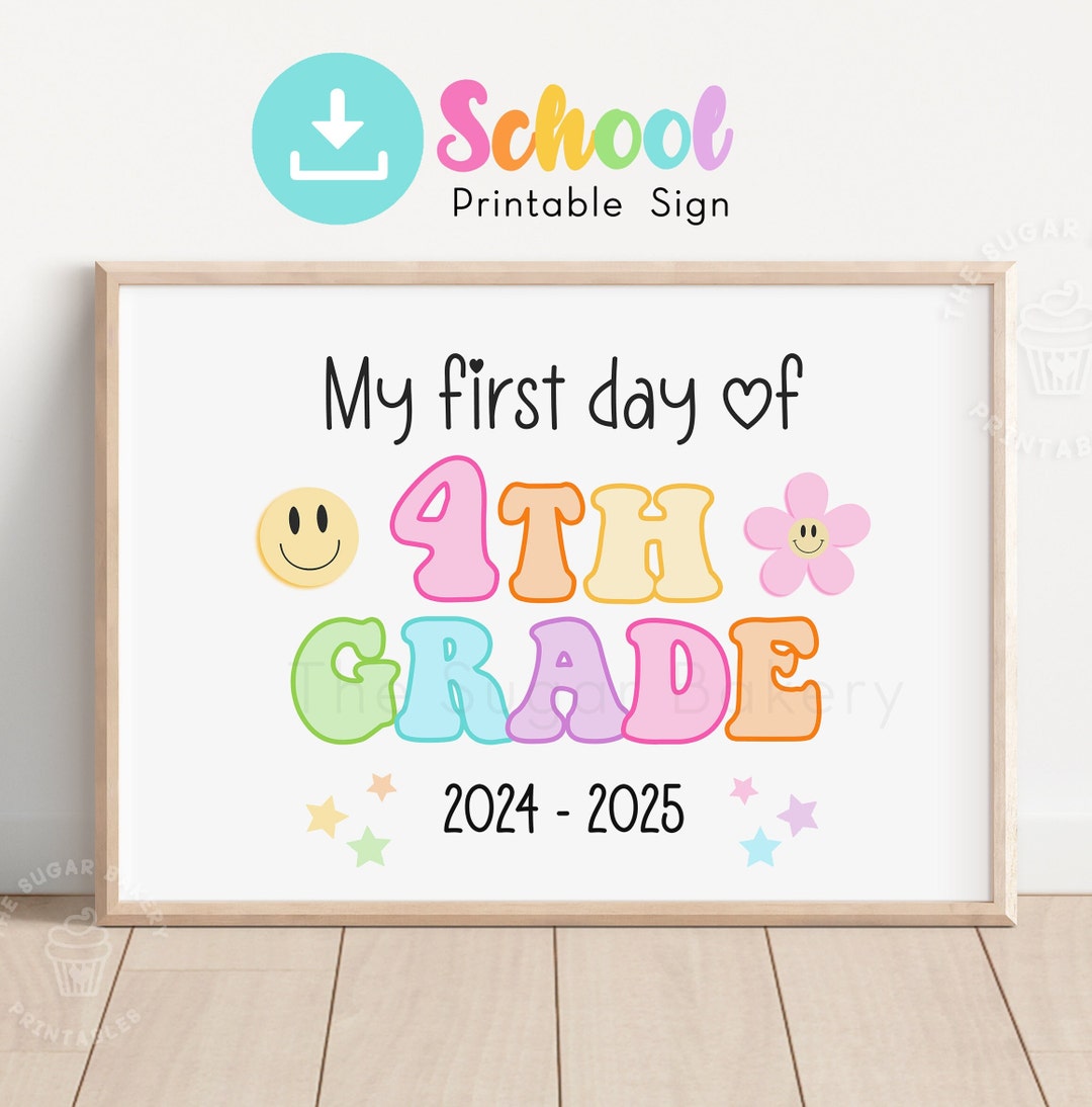 First Day of 4th GRADE Sign, RETRO 4th Grade Printable Sign, 1st Day of ...