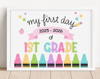 Girl First Day of 1st Grade Sign, Hello 1st Grade Sign Chalkboard First ...