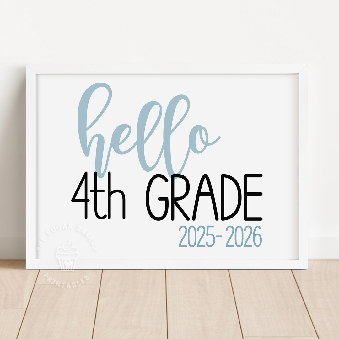 First Day of 4th Grade School Sign Printable, Hello 4th GRADE Sign Blue ...