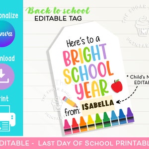 EDITABLE Here's to a Bright SCHOOL Year Gift Tag, Back to School Gift ...