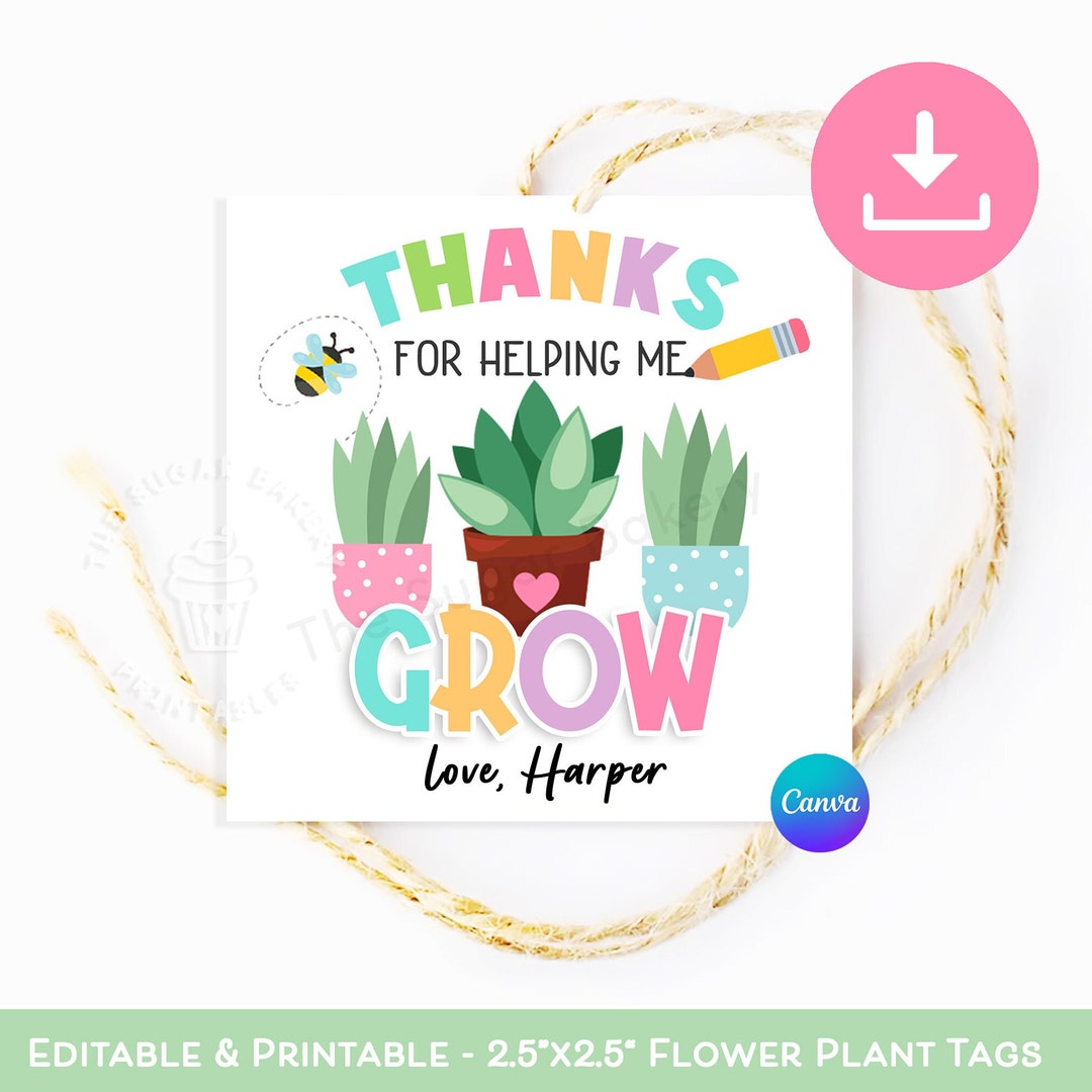 Thank You for Helping Me GROW Tags, Teacher Thank You Tag, Plant Flower ...