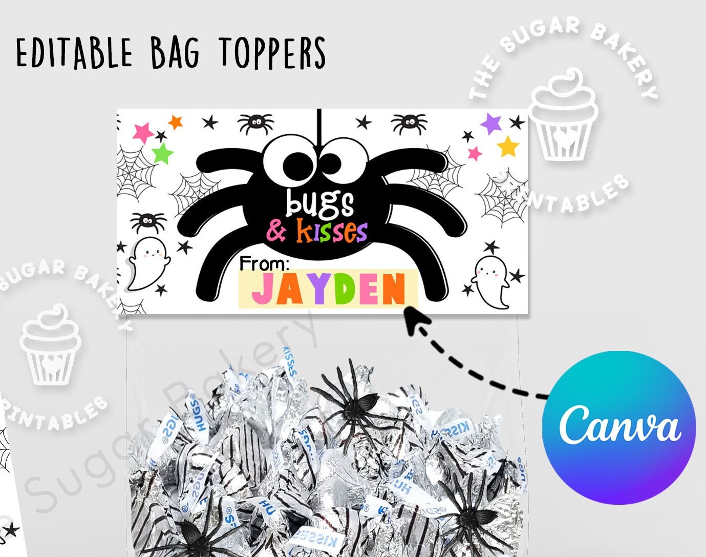 EDITABLE Bugs & Kisses Treat Bag TOPPER, Halloween Cookie Bag Topper ...