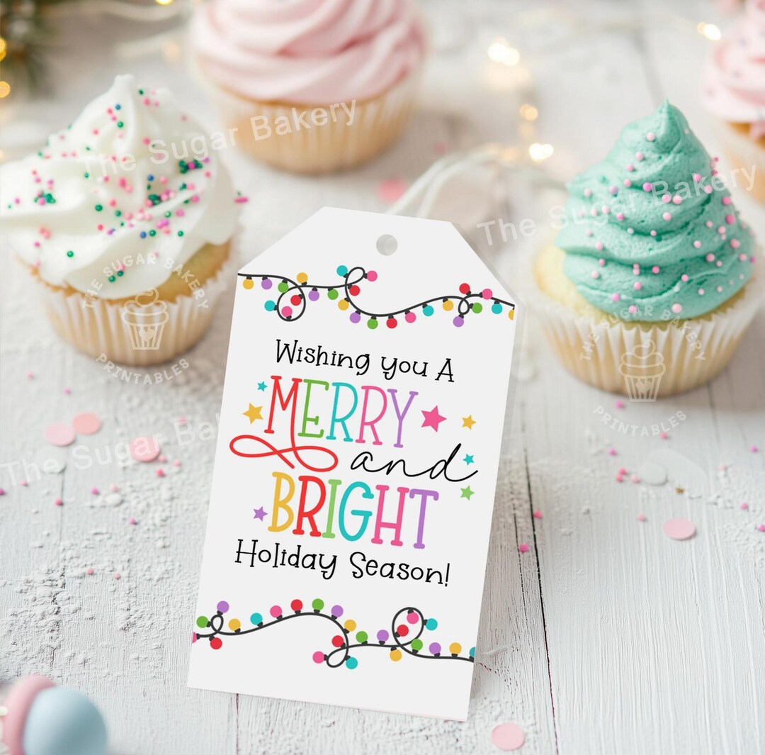 Merry & Bright Christmas Lights Tag, Christmas Cookie Tag, Colorful ...