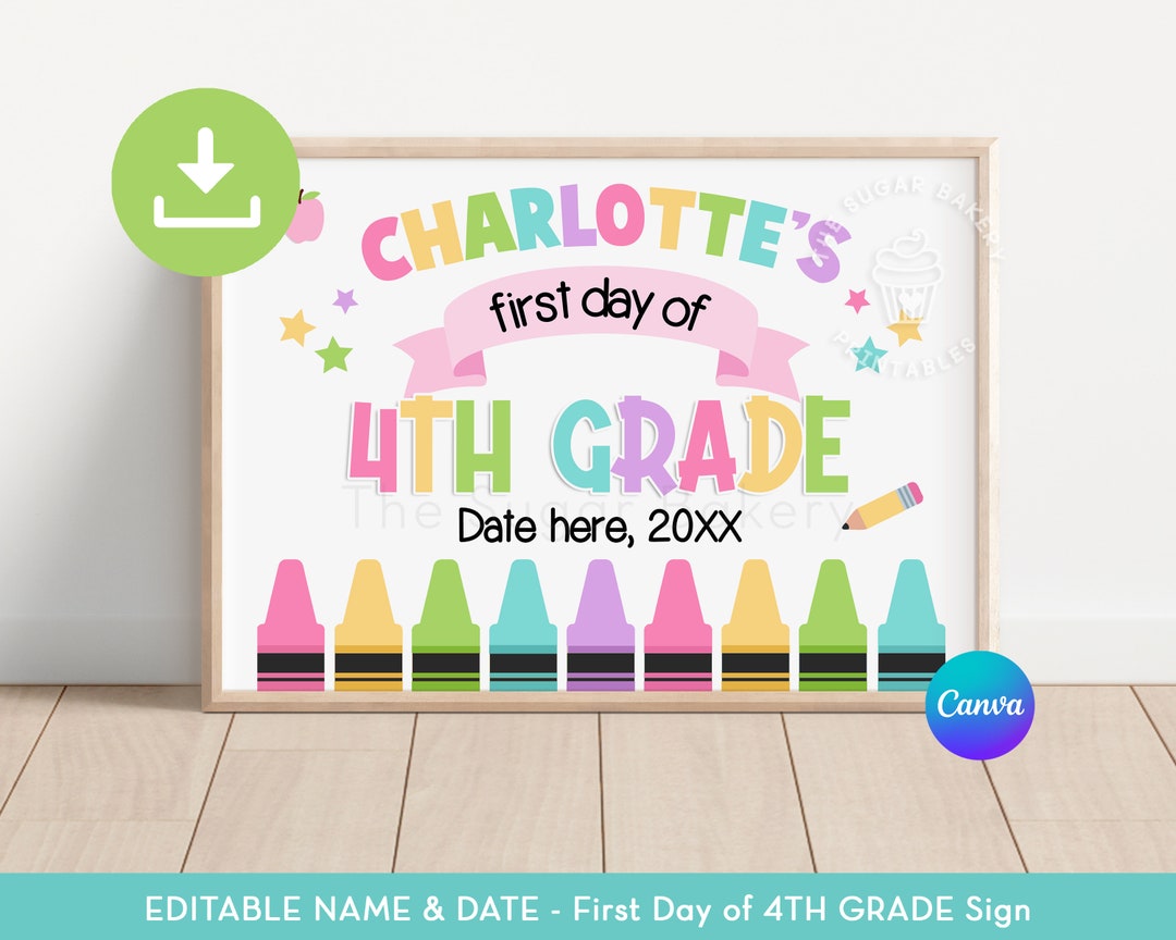 First Day of 4th Grade School Sign, Printable EDITABLE Back to School ...