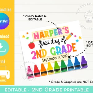 First Day of 2nd Grade School Sign, Printable EDITABLE Back to School ...