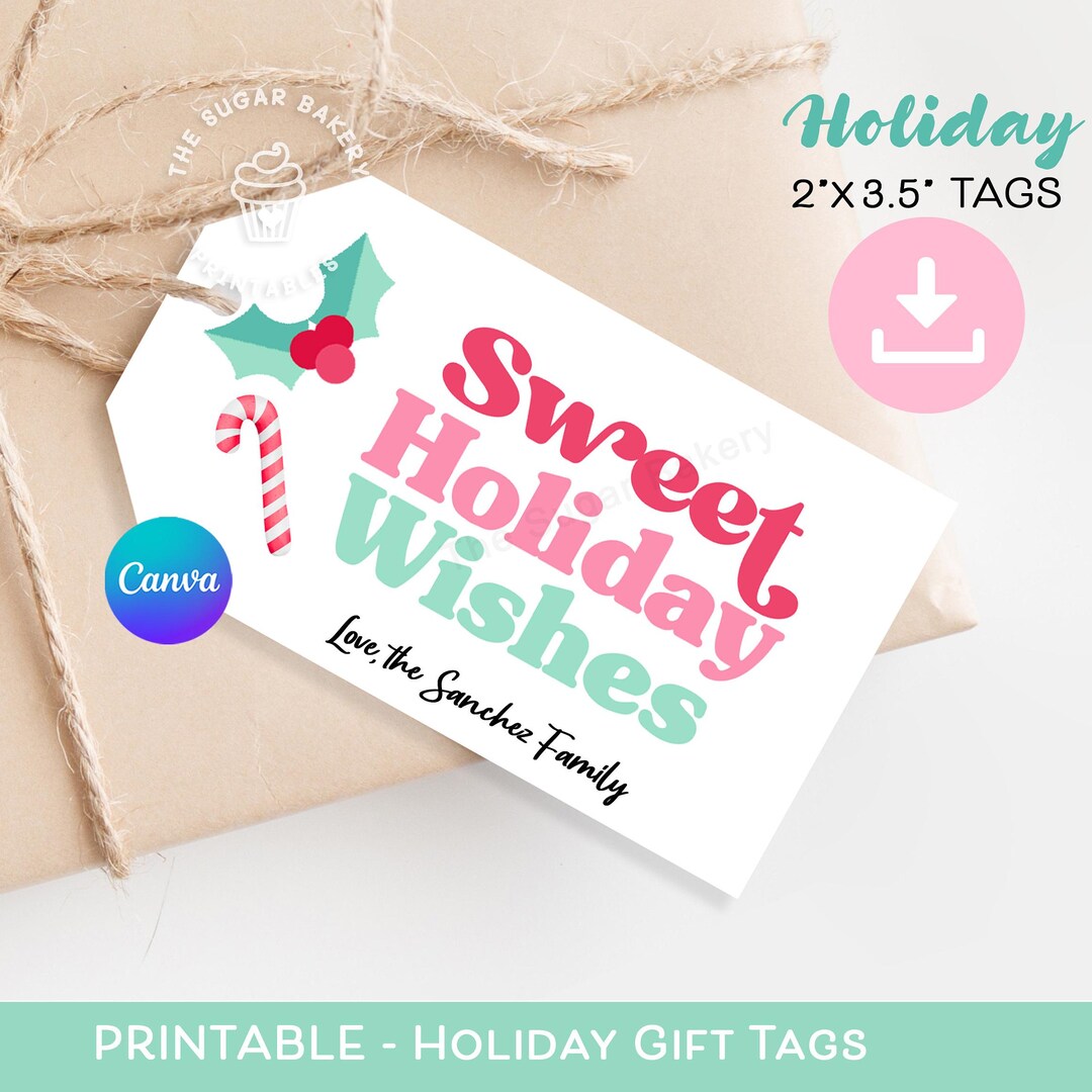 SWEET Holiday Wishes Gift Tag, Candy Cane Baked Goods Tag, Editable ...