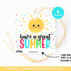 Have a Great Summer Gift Tags, END OF YEAR Sunglasses Tags, Teacher ...