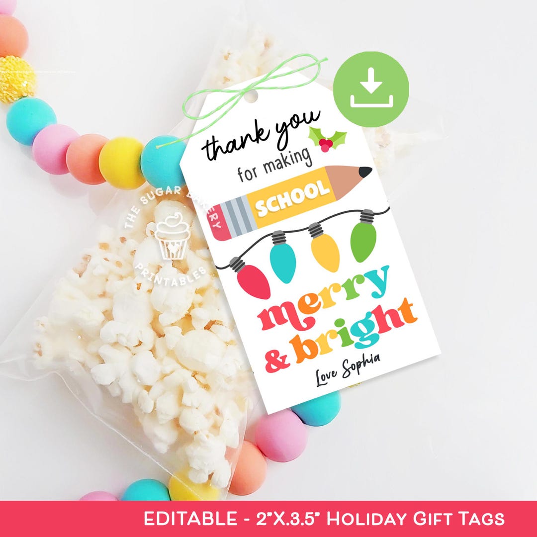 Printable Merry and Bright Christmas Tag, Editable Christmas Teacher ...