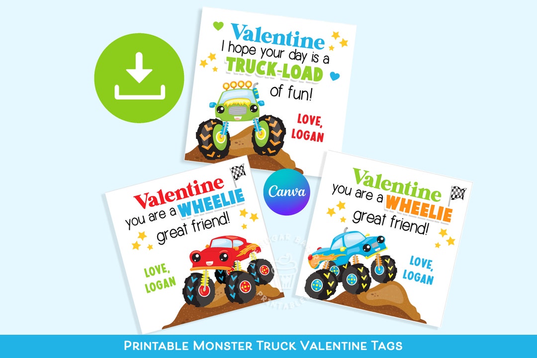 MONSTER TRUCK Valentines Printable, Kids Monster Truck Valentines Day ...