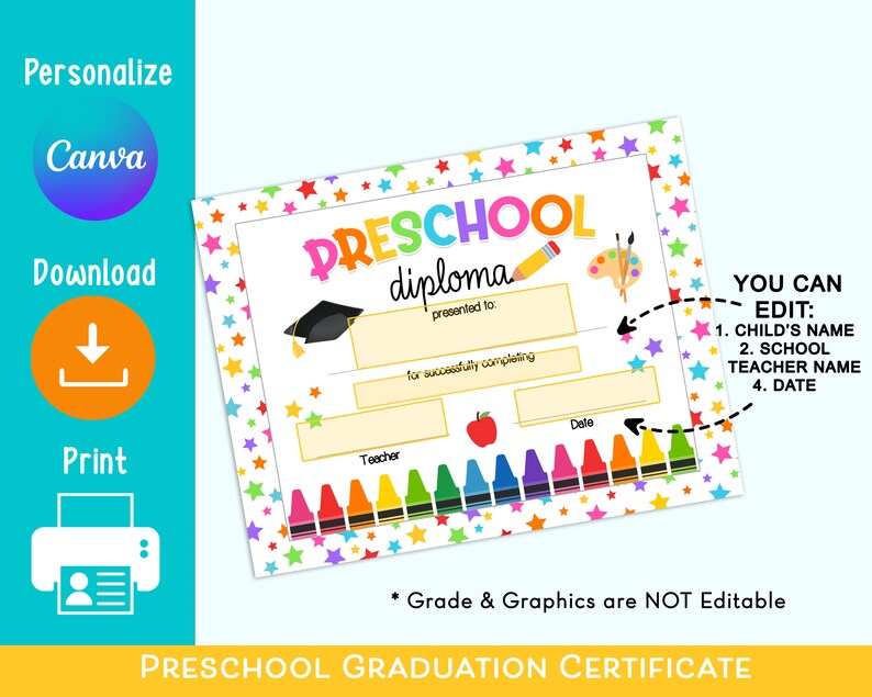 Editable Preschool Diploma, Preschool Graduation Diploma, PRESCHOOL ...