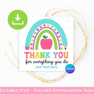 Teacher Appreciation TAGS, TEACHER Thank You Gift Tag, Rainbow Teacher ...