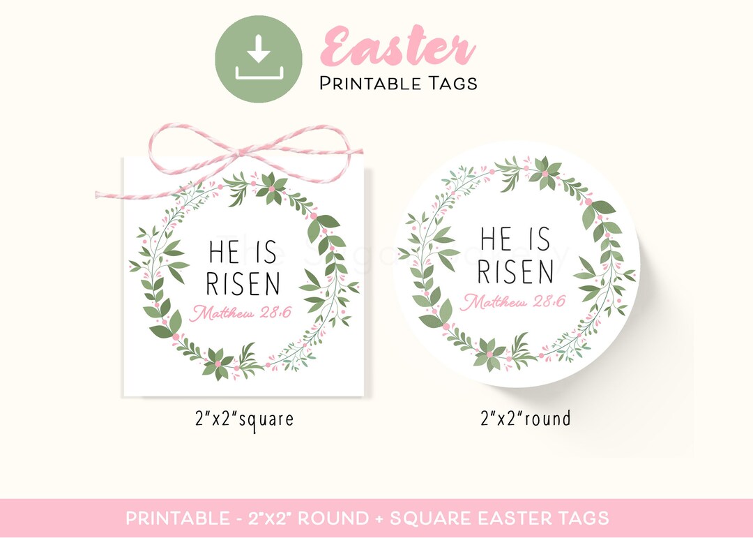 He is Risen EASTER TAG, Printable Easter Cookie Tags, Floral Wreath ...