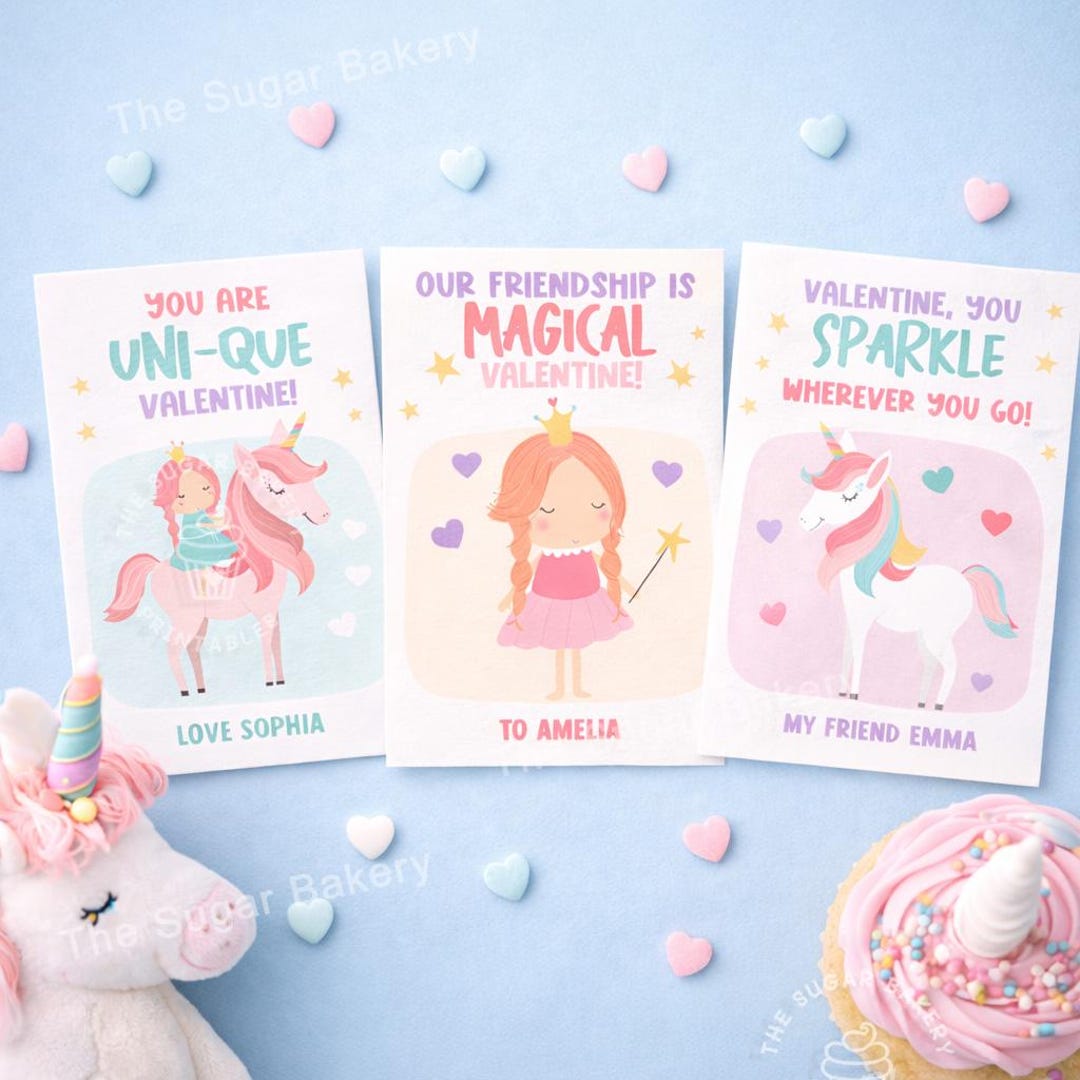 UNICORN Valentine Cards Printable, Princess Classroom Valentines for ...