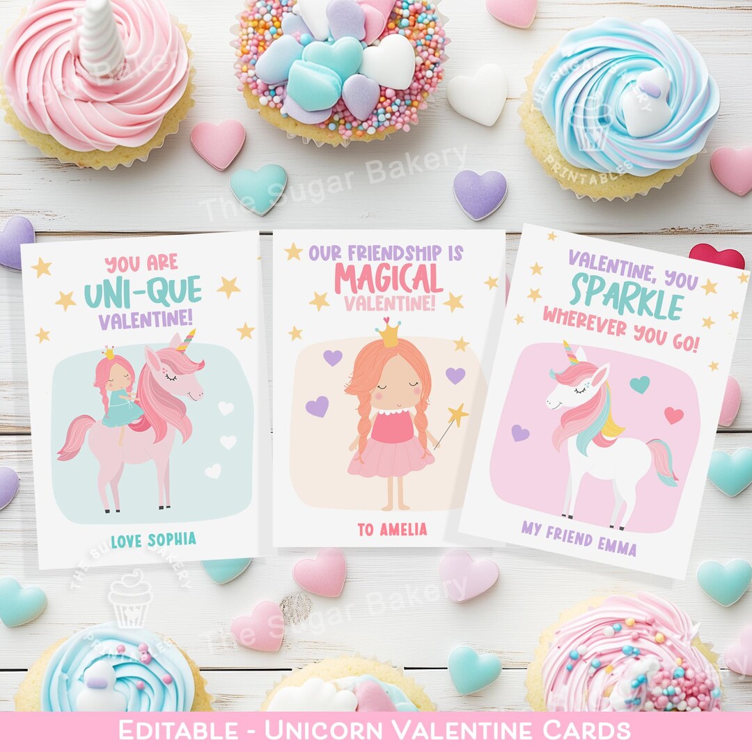 Editable UNICORN Valentine Cards, PRINTABLE Princess Valentine Cards ...